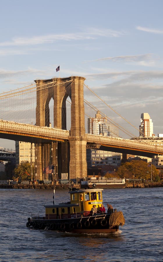 Brooklyn Bridge and Tug Boat, New York Stock Image - Image of landmark ...