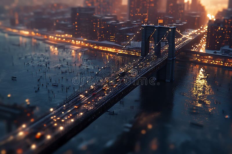 Brooklyn Bridge at Twilight with Miniature Effect. American Flag on ...