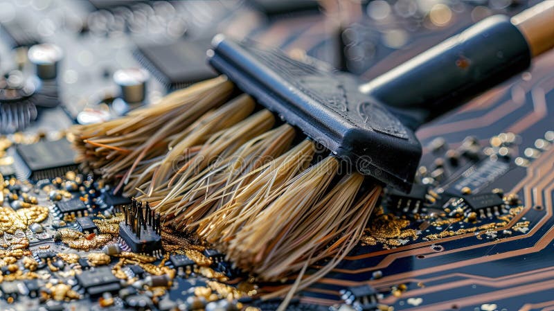 Cleaning a Computer Circuit Board Using a Broom To Remove Dust and ...