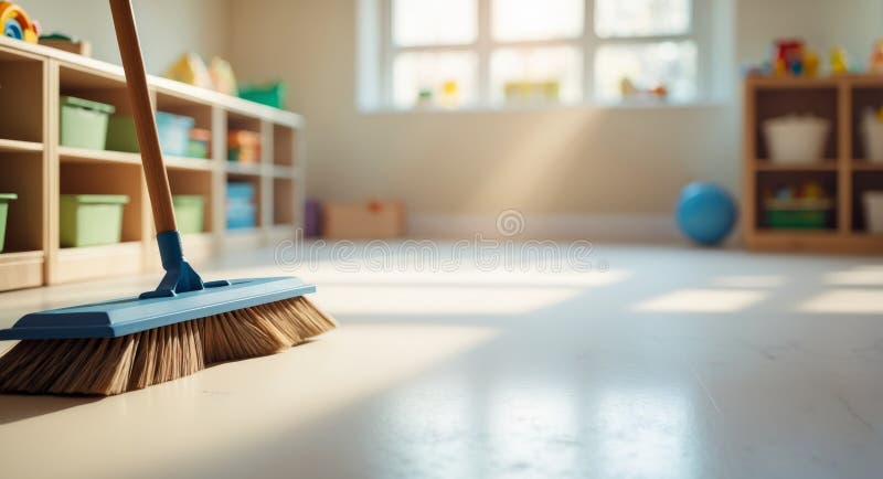 Broom Cleaning Classroom Floor after Class or before Kids Arrive with ...