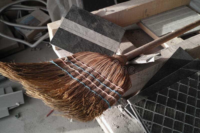 Broom, dust and tiles stock image. Image of indoor, cutting - 272248849