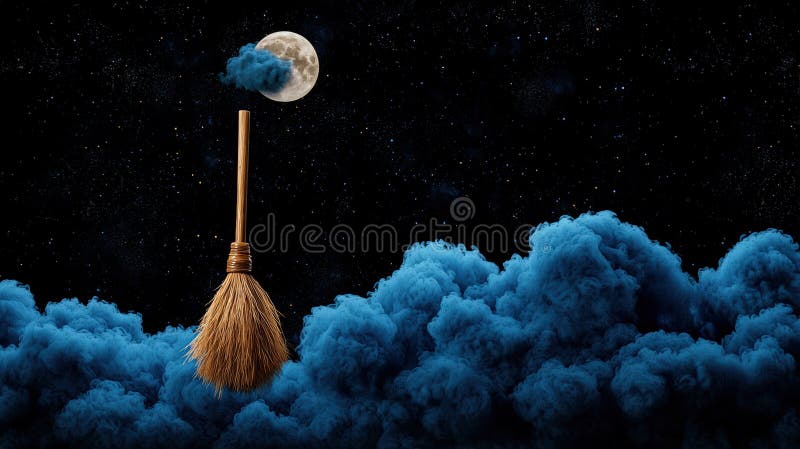 Broom Floating among Blue Clouds Under a Full Moon in a Starry Night ...