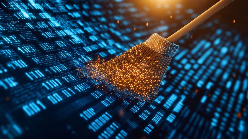 Broom Sweeping Away Digital Dust Symbolizing Removal of Binary Code ...