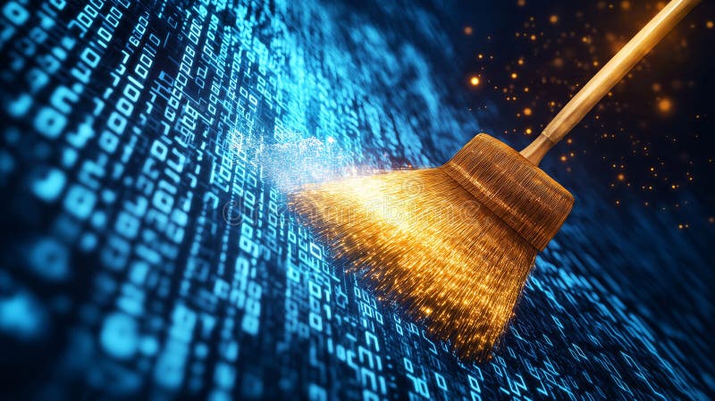 Broom Sweeping Away Digital Dust Symbolizing Removal of Binary Code ...