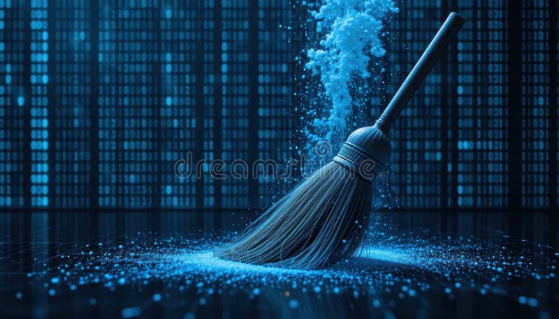 Broom Sweeping Sparkling Blue Particles Against a Digital Background ...