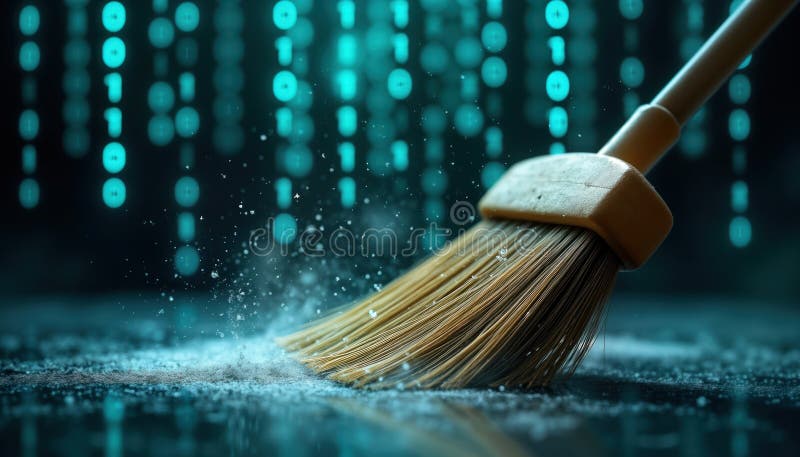 Broom Sweeps Away Digital Dust. Binary Code Background. Futuristic Tech Concept. Digital ...