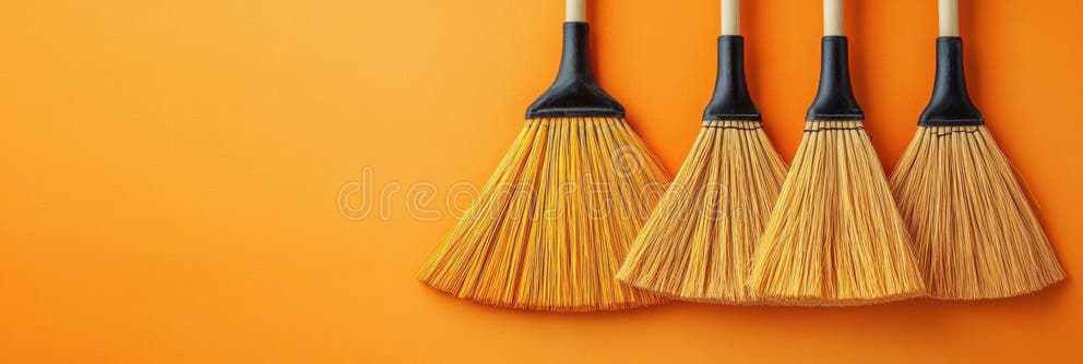 Brooms for Cleaning on an Orange Background, Cleaning Essentials with ...