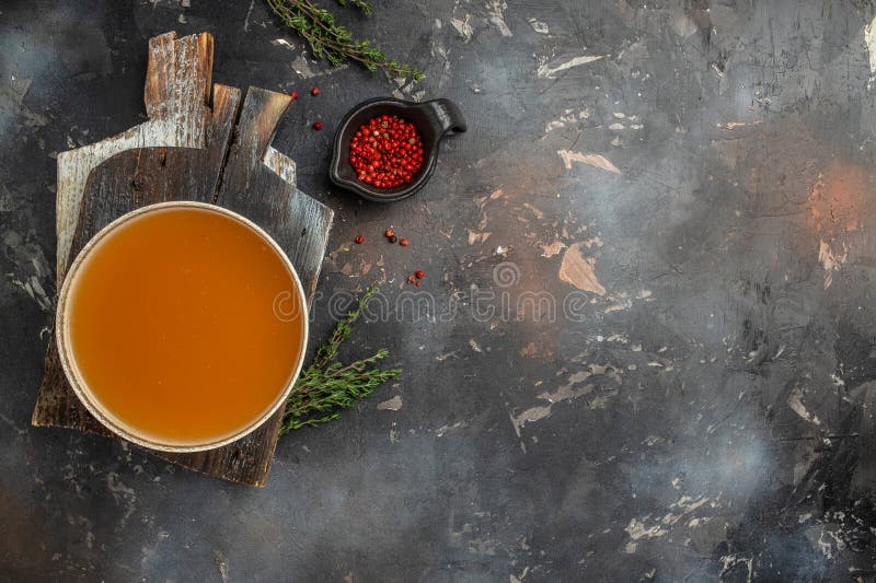 Broth in Bowl with Meat Pork Knuckle on a Dark Background, Long Banner ...