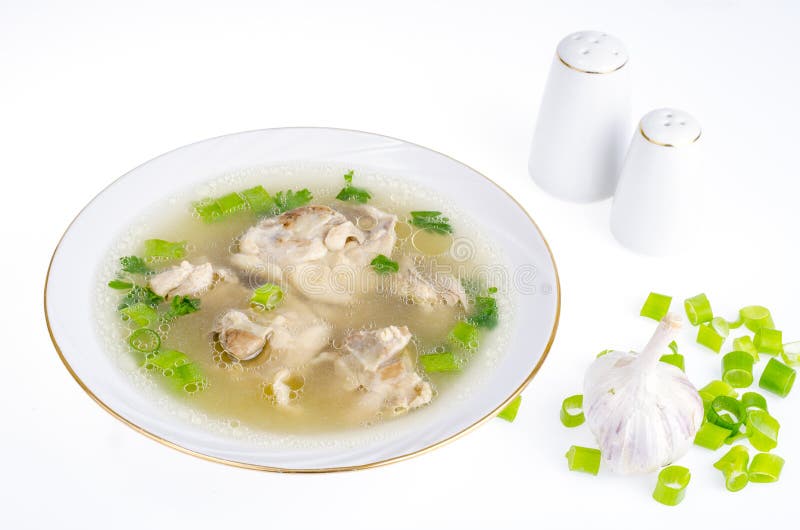 Broth with Chicken Meat Isolated on White Background Stock Photo ...
