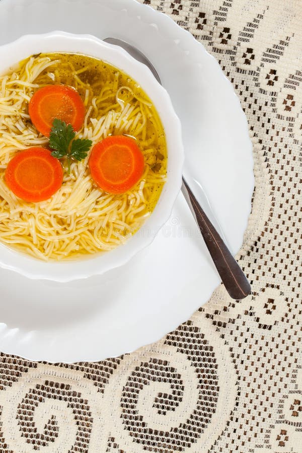 Homemade Chicken Vegetable Soup, Above Side Border on Rustic Wood Stock ...