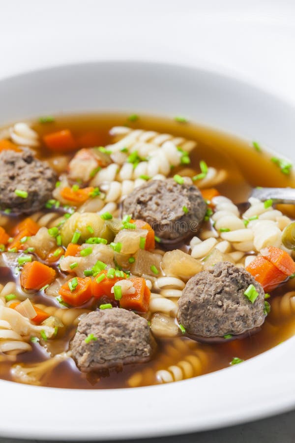 Broth with Liver Dumplings, Carrot and Pasta Stock Photo - Image of ...