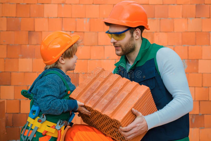 Brother Helping at Workshop. Bricklayer Make Masonry, Builder Work with ...