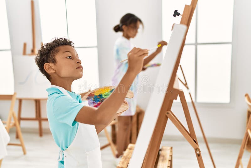 Brother and Sister Concentrate Drawing at Art Studio Stock Image ...