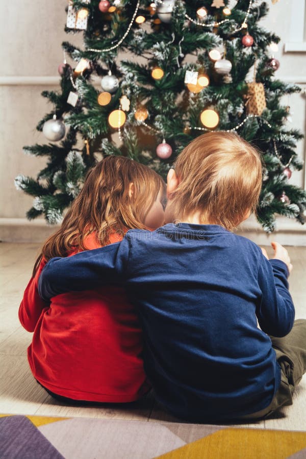 Brother And Sister Hugging And Looking At The Shining Christmas Tree