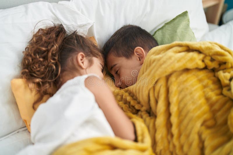 Brother and Sister Lying on Bed Sleeping at Bedroom Stock Image - Image ...