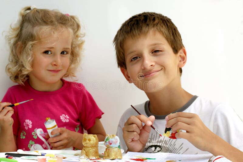 Brother and Sister Working on an Art Project Stock Image - Image of ...