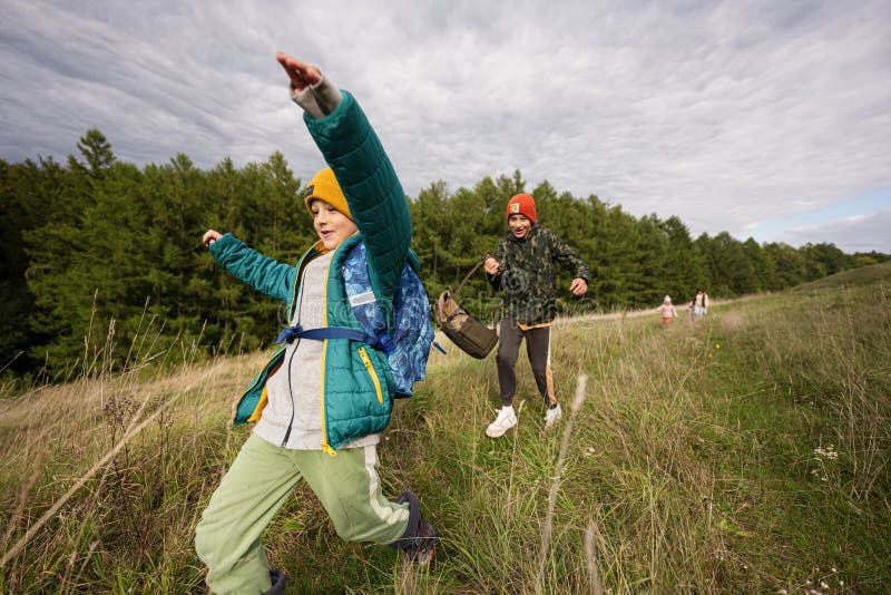 Brothers Having Fun and Run Outdoor Near Forest Stock Image - Image of ...