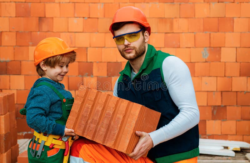 Brothers Helping Concept. Bricklayer Installing Bricks on Construction ...