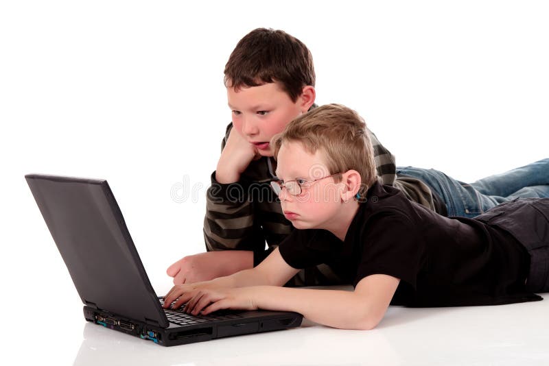 Brothers Working on Laptop Computer Sitting on Floor Stock Photo ...