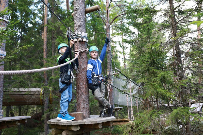Brothers Overcoming Obstacle in Forest Adventure Park Stock Photo ...