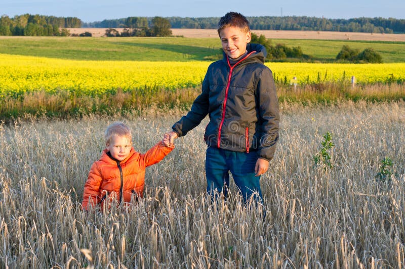 Brothers in the Yellow Field Stock Image - Image of brother, childhood ...
