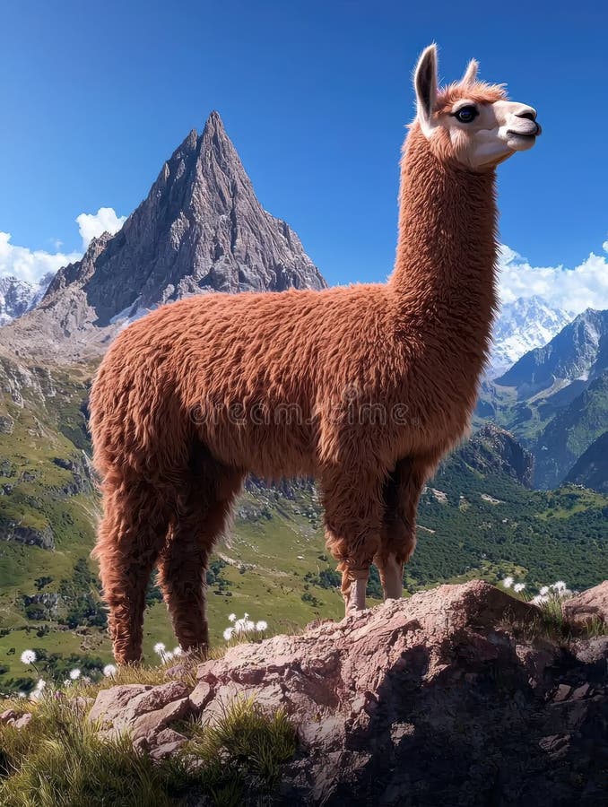Brown Alpaca Standing on a Mountain Top Stock Illustration ...
