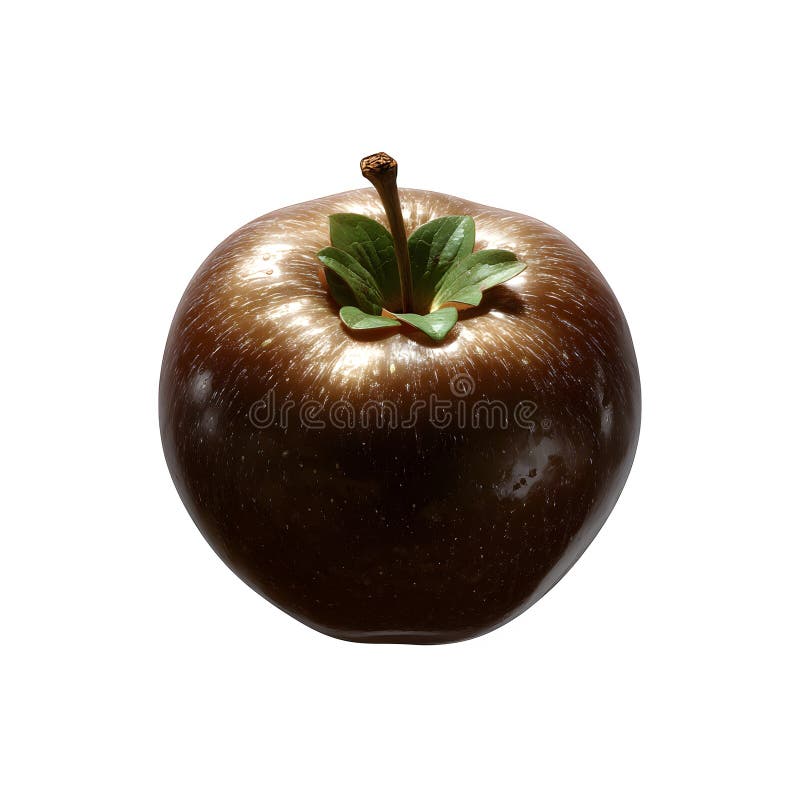 A Shiny Brown Apple with Green Leaves and a Stem on a Plain White ...