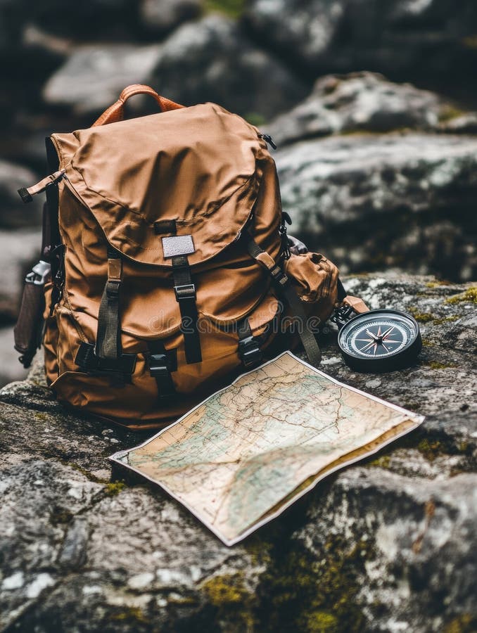 Brown Backpack with Map and Compass Resting on Rocky Terrain in a ...