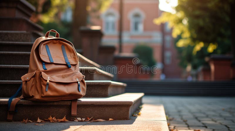 Brown Backpack on Stone Steps Outside University Building. Blurred ...