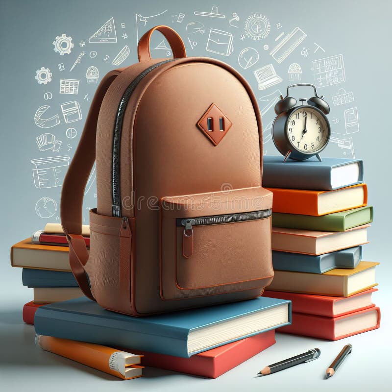 Brown Backpack Sits on Top of a Stack of Books Stock Image - Image of ...