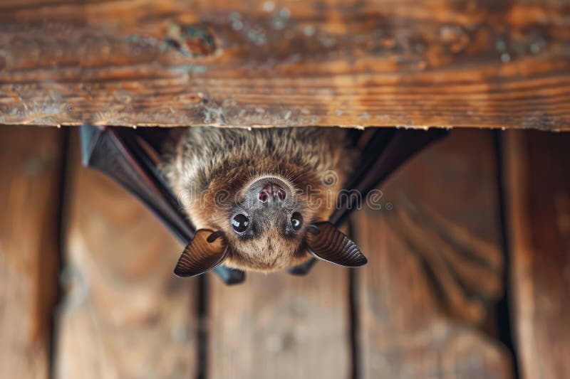 Brown Bat Hanging Upside Down Under the Wooden Roof and Looking into ...