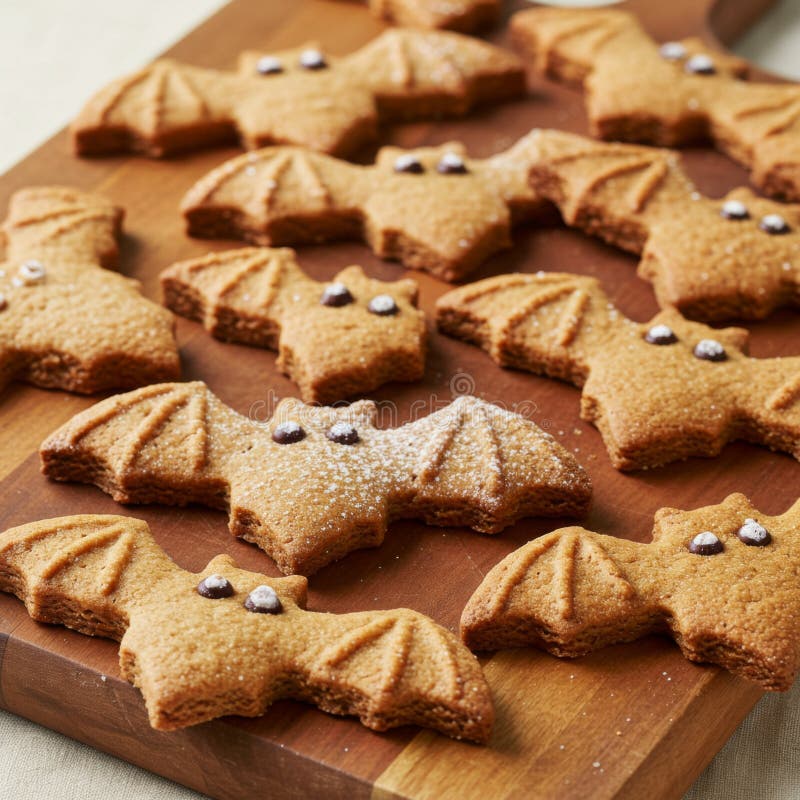 Brown Bat Shaped Sugar Cookies on Wooden Board Stock Illustration ...