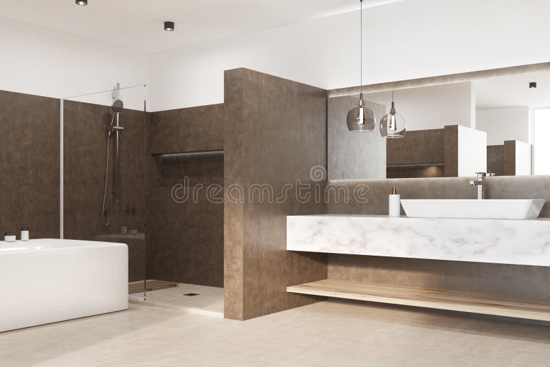 Brown Bathroom with an Angular Tub, Sink Stock Illustration ...