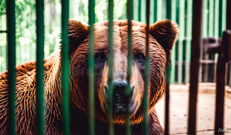 Brown Bear Behind Bars in Zoo Cage. Generative AI. Stock Image - Image ...
