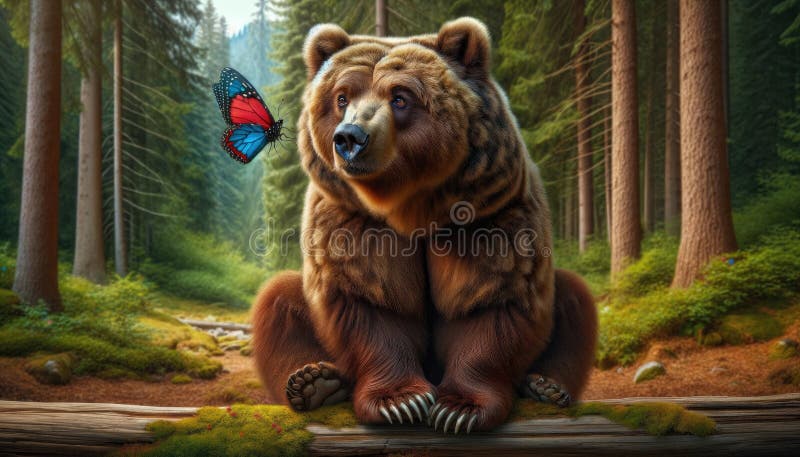 Bear with Monarch Butterfly in Forest Stock Illustration - Illustration ...