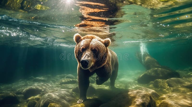 Brown Bear Catches a Salmon in the River. Generative Ai Stock Illustration - Illustration of ...