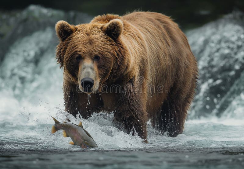 Brown Bear Catching a Fish in a River. Stock Illustration ...