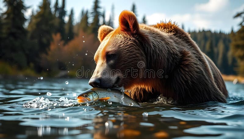 Brown Bear Catching Fish in River Surrounded by Dense Forest and Water ...