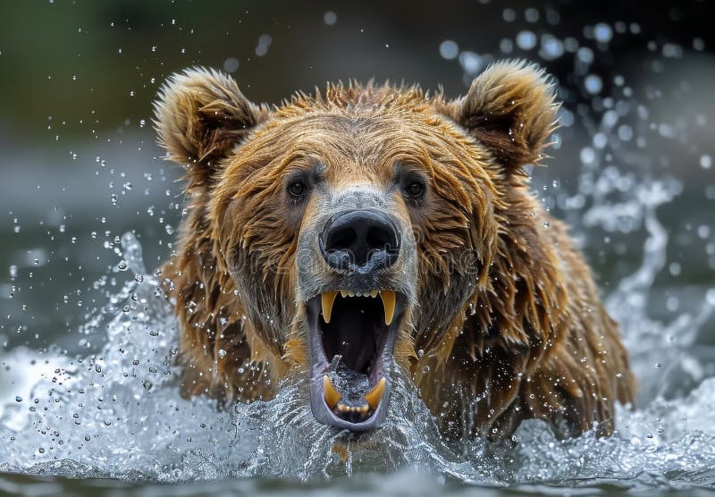 Brown Bear is Charging through the Water with Its Mouth Open. Stock ...