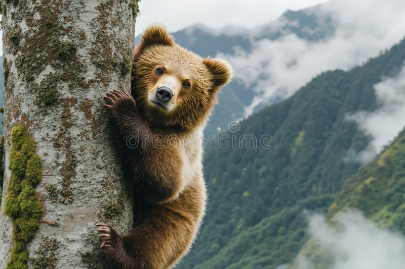 A Brown Bear Climbing Up a Tree in the Mountains Stock Photo - Image of ...