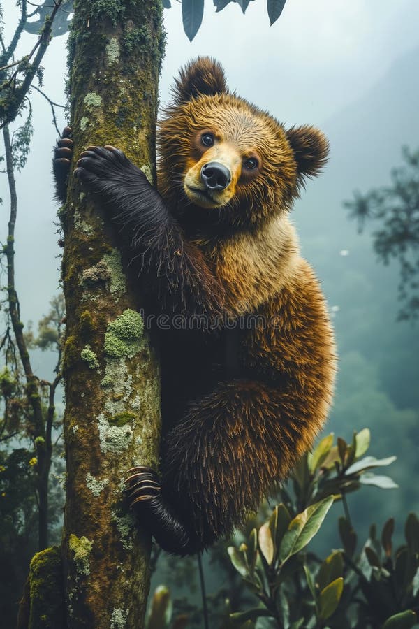 A Brown Bear Climbing Up a Tree in the Jungle Stock Photo - Image of ...