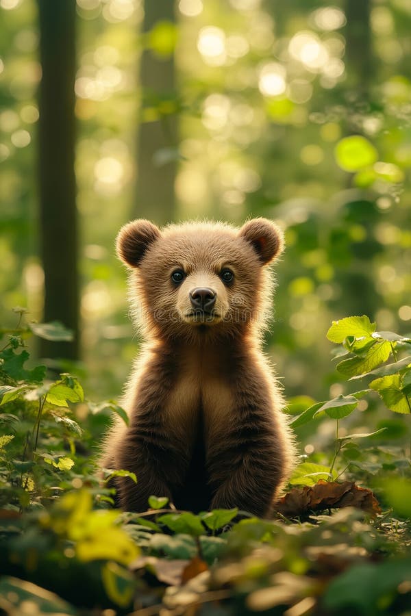 A Brown Bear Cub Sitting in the Middle of a Forest Stock Photo - Image ...