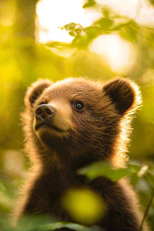 A Brown Bear Cub Sitting in a Tree Looking Up Stock Photo - Image of ...