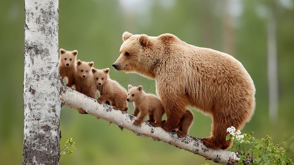 Brown Bear and Cubs Climbing Birch Tree in Forest Stock Illustration ...