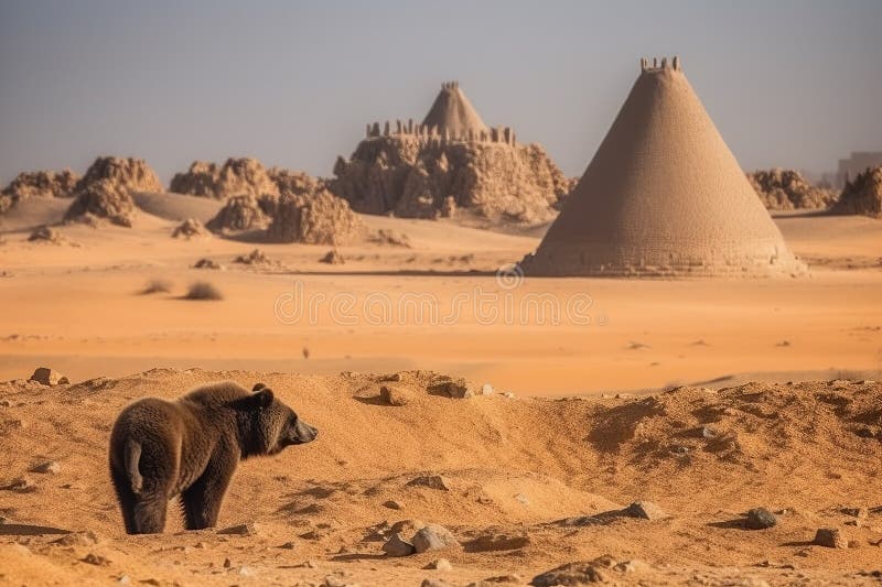 Brown Bear in Desert with Pyramids. Wilderness and Ancient Civilization ...