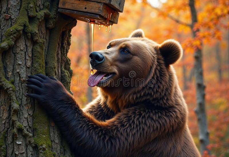 Brown Bear Enjoying Honey from a Tree in Autumn Forest Stock ...