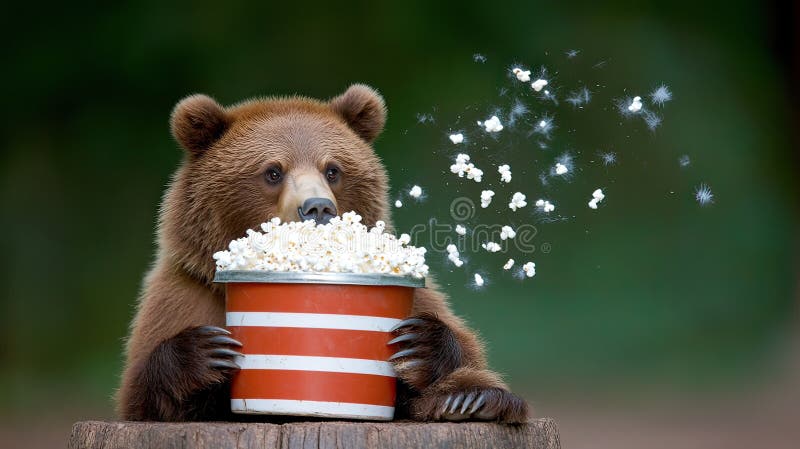 A Brown Bear Enjoying Popcorn from a Striped Bucket in a Serene Forest ...