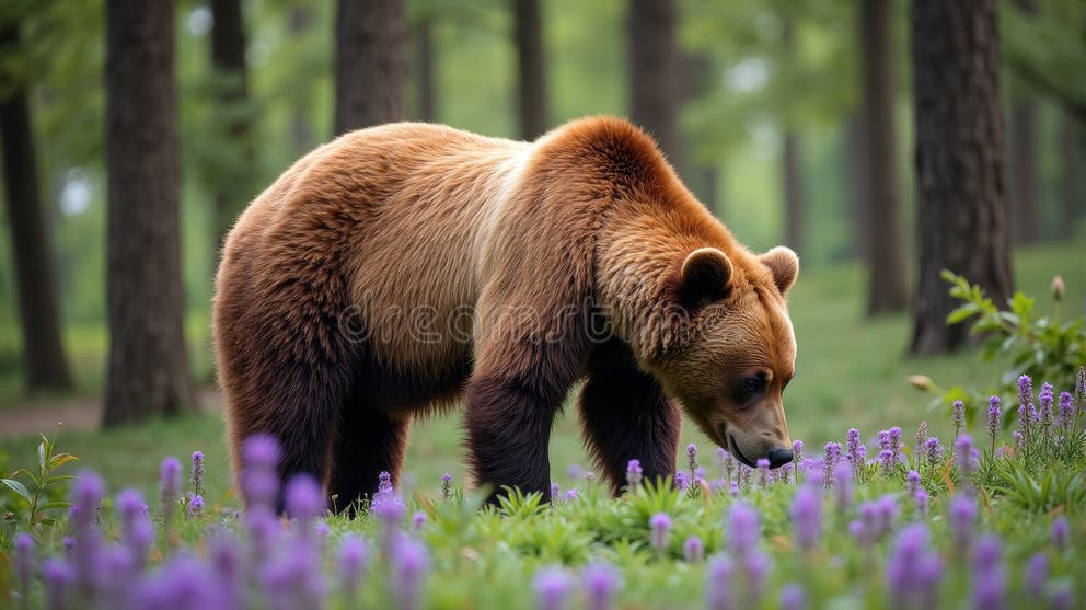 A Brown Bear Foraging in a Forest, AI-generated Stock Illustration ...