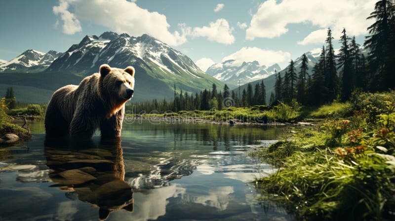 Brown Bear and Landscape, Nice Beautiful Scenery Stock Photo - Image of ...