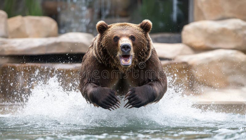 A Brown Bear Leaps Out of the Water at a Wildlife Sanctuary during ...